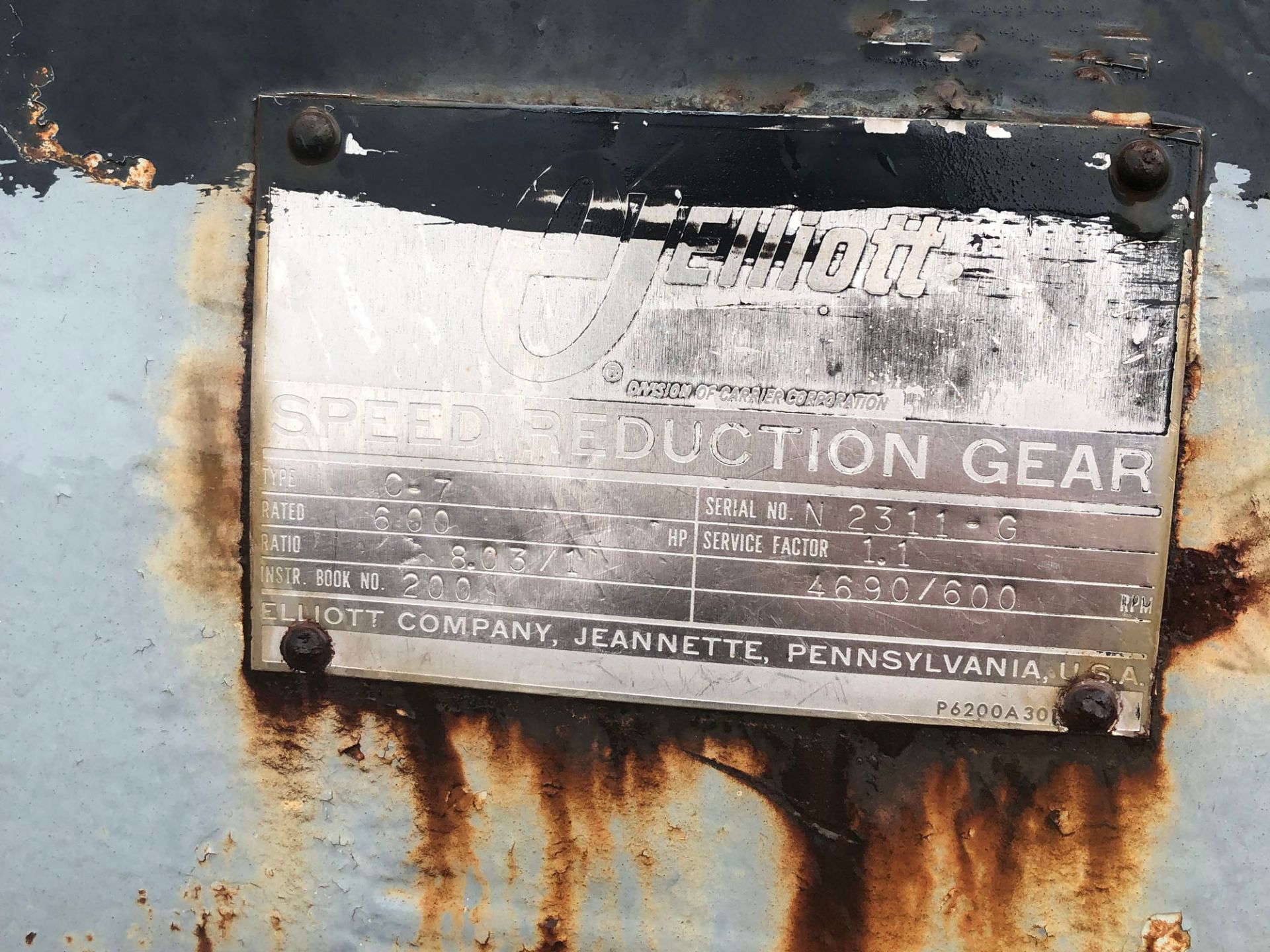 ELLIOTT Gearbox; HP: 600; Model: C-7 ; Ratio: 8.03; RPM In: 4690; RPM ...